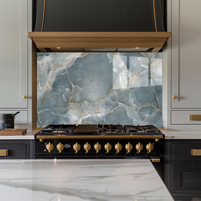 Material images on toughened glass splashbacks